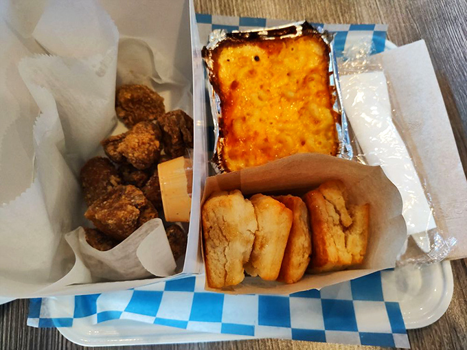 The holy trinity of comfort: mushroom nuggets, mac and cheese, and biscuits&mdash;a trio that could make even bad news bearable.