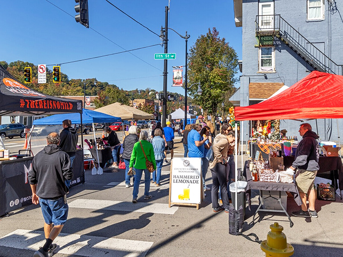 Street festivals transform ordinary pavement into extraordinary community space. The hammered lemonade sign suggests adults get their fun too.