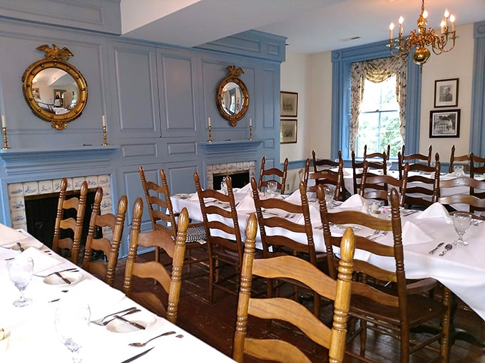 Colonial blue walls and Federal-style details transport diners to a more elegant era, when meals were events and conversations weren't interrupted by smartphone notifications.