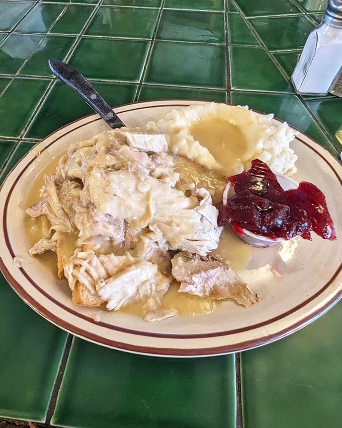 Open-face turkey with mashed potatoes and cranberry sauce&mdash;Thanksgiving doesn't have to wait for November when Teddy's has this on the menu.