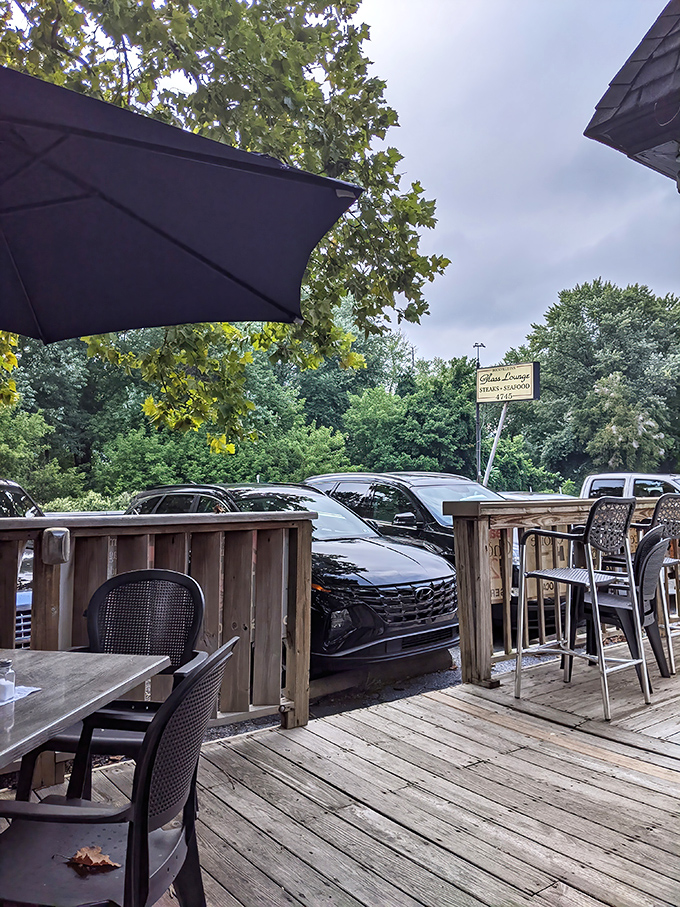 Outdoor dining Pennsylvania-style: wooden deck, fresh air, and the promise of steak just steps away. Nature and nurture in perfect balance.