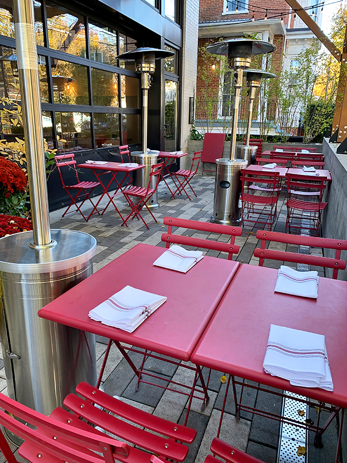 The outdoor patio with its cherry-red tables feels like stumbling upon a secret European caf&eacute;. Even the air tastes better out here.
