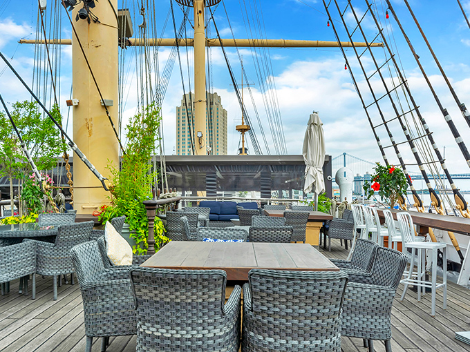 The upper deck offers what might be Philadelphia's most nautical happy hour, with the skyline and bridge creating a backdrop worthy of a movie scene.