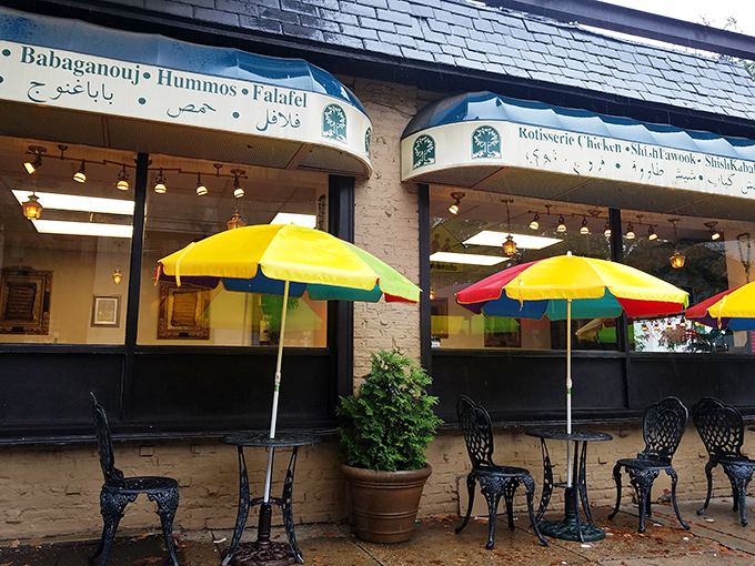 Colorful umbrellas guard the sidewalk seating like cheerful sentinels, inviting passersby to stop and consider their life choices.