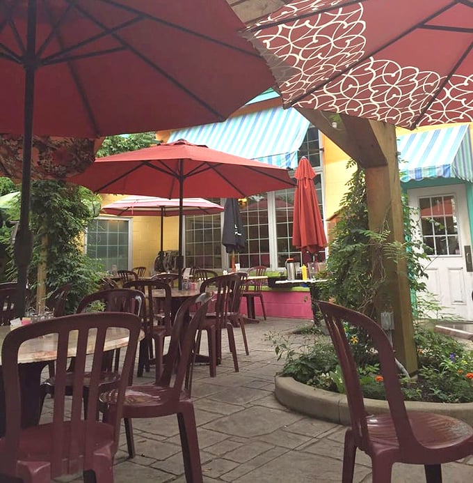 The outdoor patio &ndash; where umbrella-shaded tables and lush greenery create the perfect setting for morning conversations and coffee refills.
