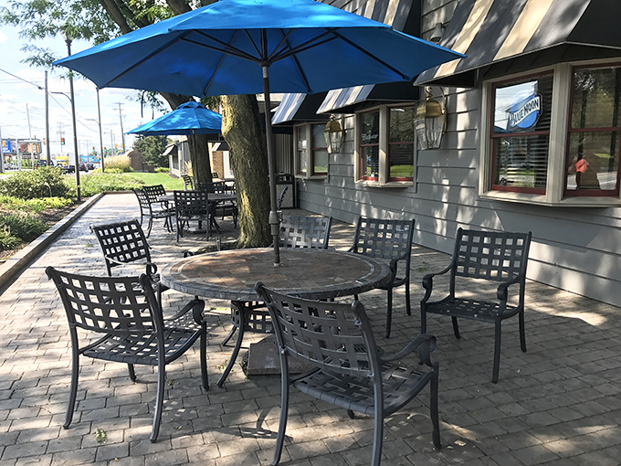 Outdoor seating where you can contemplate life's big questions, like "How soon is too soon to come back tomorrow?"