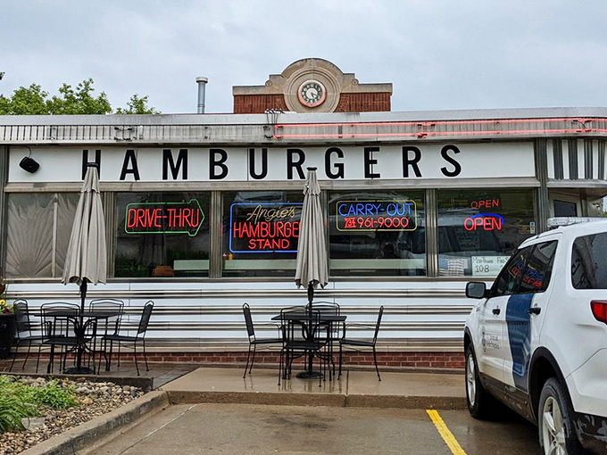 Even Michigan weather can't keep burger enthusiasts away &ndash; the outdoor seating area stands ready for those perfect summer days.