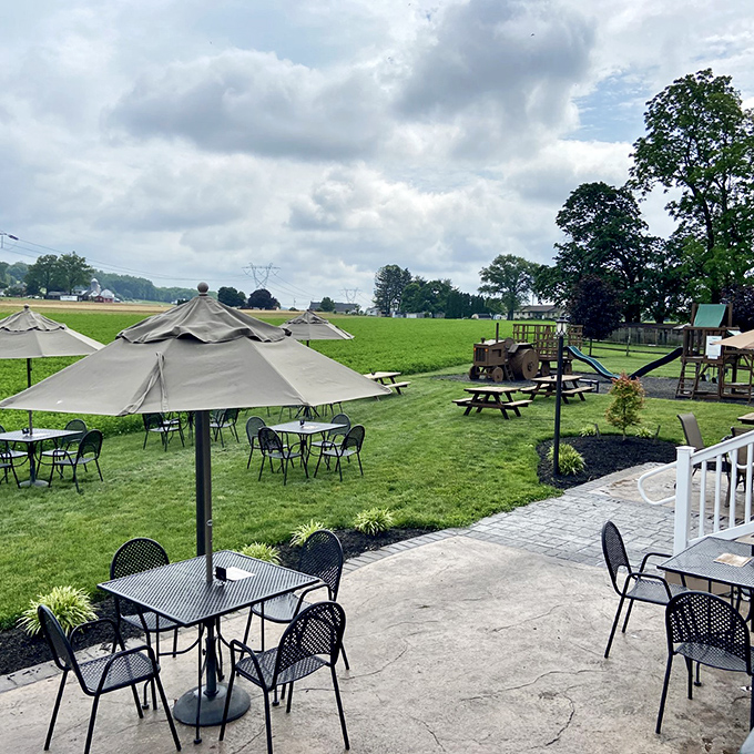 Outdoor seating with a view of Pennsylvania farmland&mdash;because ice cream tastes better with a side of pastoral scenery.