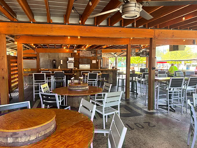 Barrel tables and open-air seating create the perfect backdrop for the serious business of enjoying meat that's been smoking longer than most people sleep.