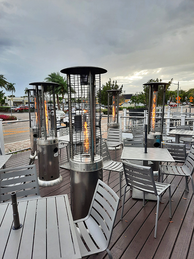 Outdoor seating with flame heaters for those "chilly" Florida evenings when temperatures dip below a frigid 70 degrees.