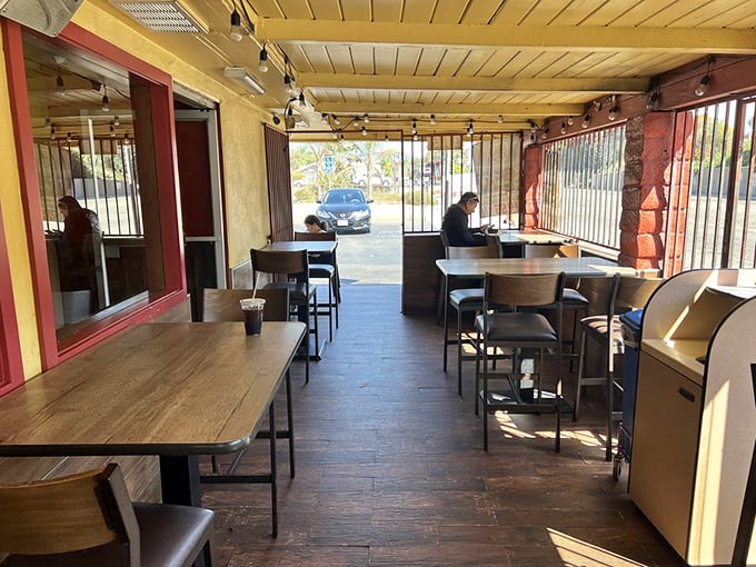 The covered patio offers a front-row seat to Santa Paula life, where barbecue enthusiasts can enjoy their smoky treasures in the California sunshine.