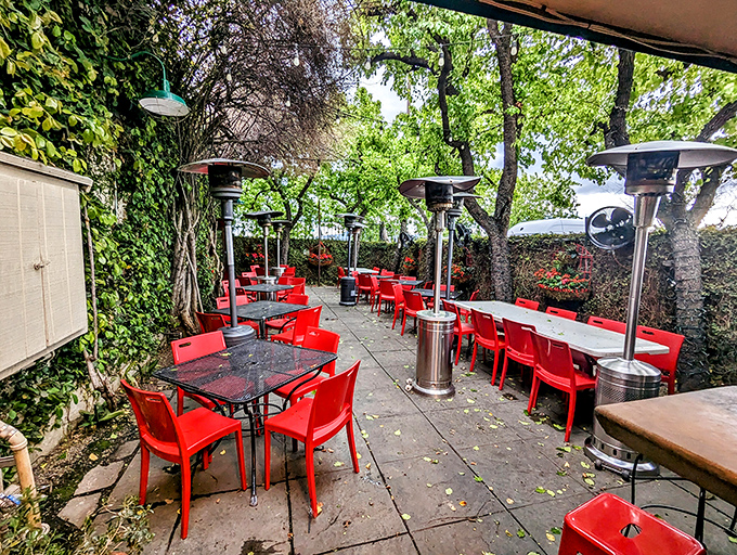 Luigi's patio seating offers a slice of al fresco dining under California trees, where red chairs pop against greenery like tomatoes in a garden.