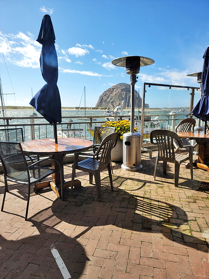 Outdoor seating with Morro Rock standing guard&mdash;because fresh seafood tastes even better with a side of iconic scenery.