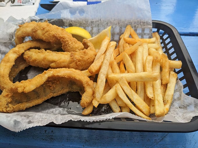 Crispy perch meets golden fries in a combination that defines lakeside dining at its absolute finest.