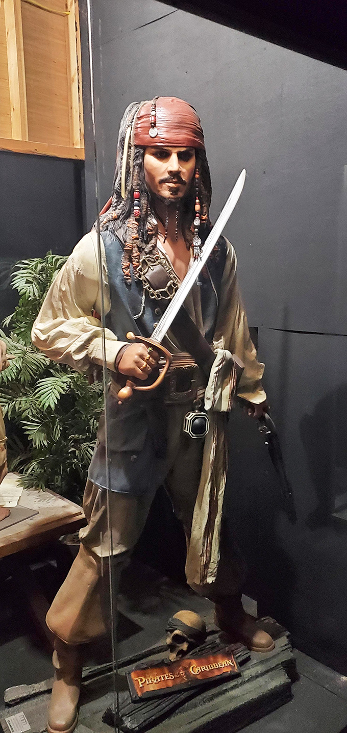 Captain Jack Sparrow stands at attention, looking remarkably sober for once. His sword gleams with the promise of adventures that never quite begin.