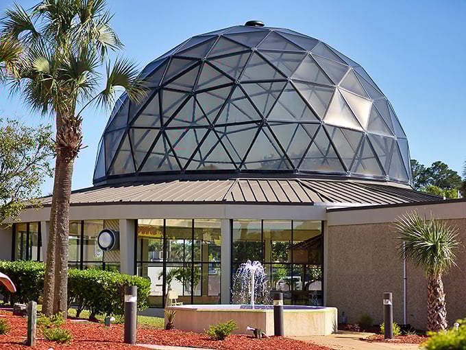 The Pleasure Dome's geodesic architecture stands out like a spaceship that landed and decided to sell souvenirs instead.