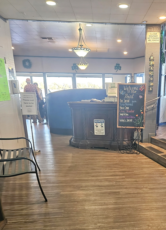 The welcoming entrance where your river dining adventure begins&mdash;like the opening credits to a movie where seafood plays the hero.