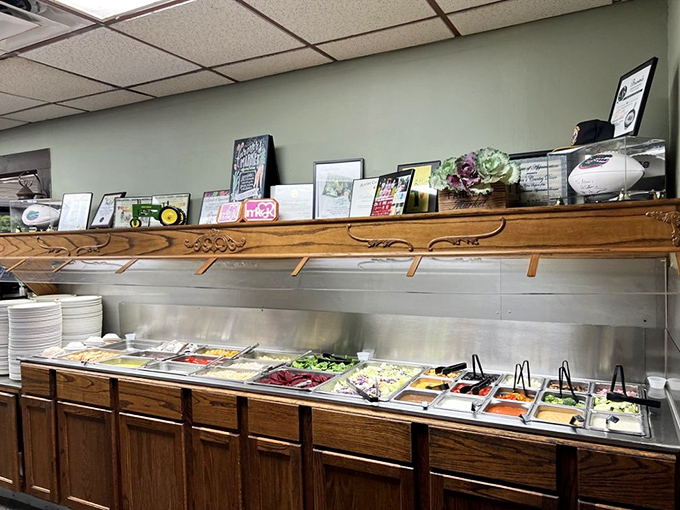 A salad bar that understands its supporting role in the meal's grand performance. Fresh, colorful, and patiently waiting while you prioritize the fried chicken.