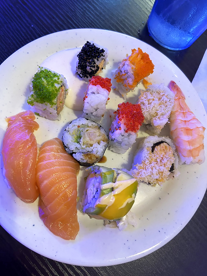 Sushi that glows under the buffet lights like edible jewels. The salmon's color could stop traffic.