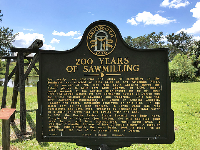 Two centuries of sawmilling history condensed into one informative sign. Georgia's timber industry began right here, without a single power tool in sight.