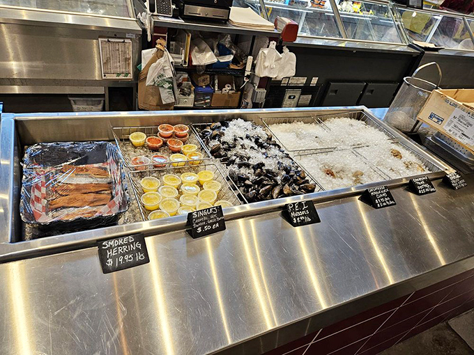 Fresh catch on display&mdash;the seafood equivalent of a jewelry counter. These treasures from the deep await their delicious destiny.