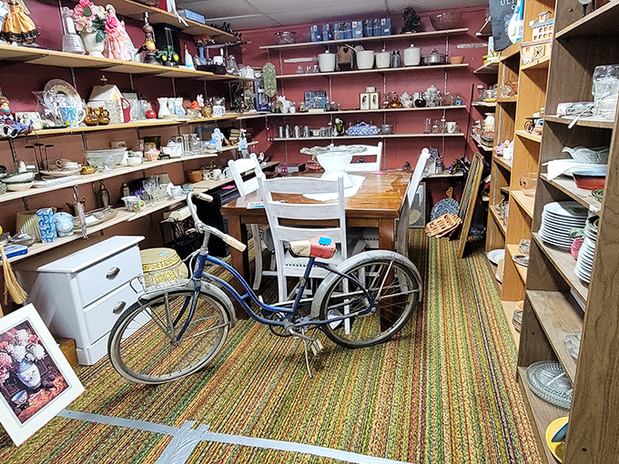 That vintage bicycle isn't just transportation&mdash;it's a time machine with wheels, parked between shelves of yesterday's everyday items.