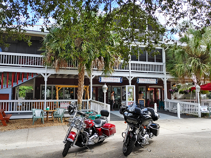 Motorcycles parked outside a two-story gallery with wraparound porches &ndash; even road warriors know when to stop and appreciate Micanopy's laid-back charm.