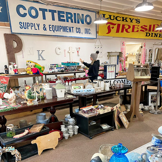 Vintage signs and curated collections create the feeling you've wandered into the coolest garage sale ever &ndash; one meticulously organized by someone who gets it.