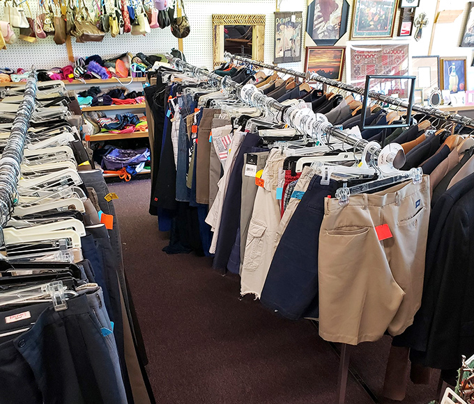 Men's pants, meticulously organized by an unsung hero of retail. Finding your size has never been less like a treasure hunt.