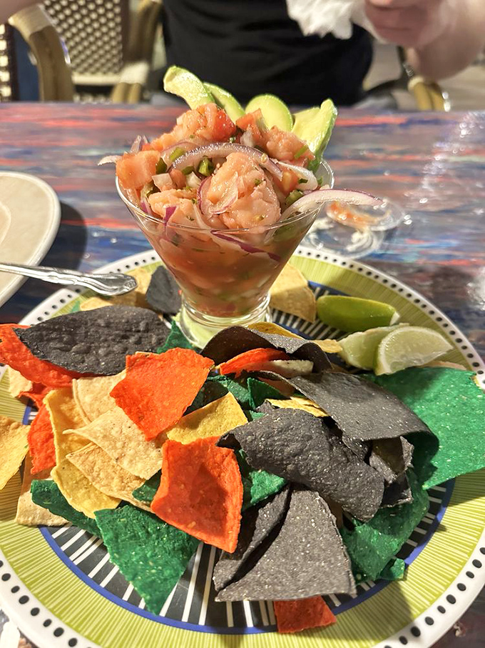 Ceviche that captures the essence of coastal living&mdash;bright, fresh, and zingy. Served with technicolor chips that would make Dorothy's Oz look monochrome.