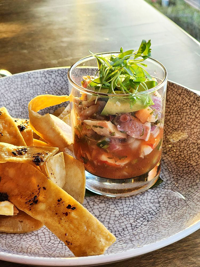 Ceviche in a glass&mdash;where seafood gets the spa treatment in citrus juice before making its grand entrance on your palate.