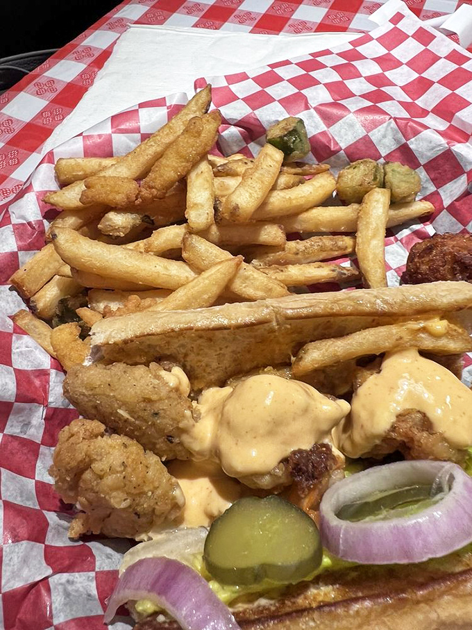 This po'boy is rich in flavor despite its humble name. The shrimp are dressed better than most people at a Florida wedding.