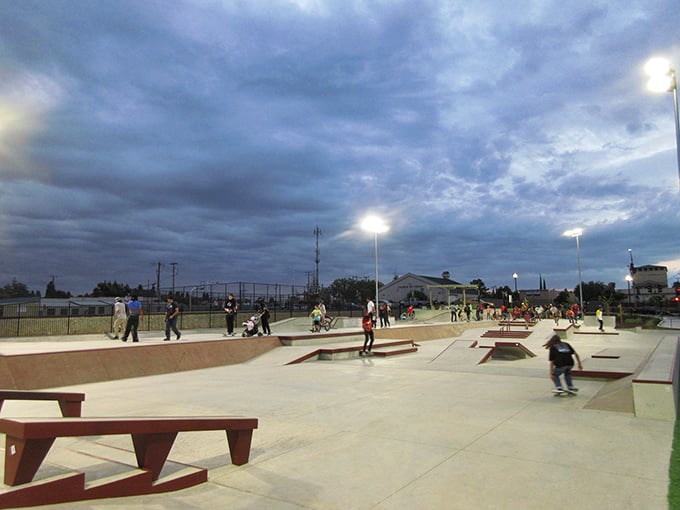 The local skate park lights up as dusk falls, proving Oakdale balances cowboy heritage with modern recreation&mdash;Tony Hawk would approve.