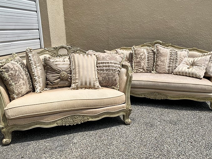 The French Provincial sofa that makes you want to redecorate your entire home around it. Marie Antoinette would approve of these curves.