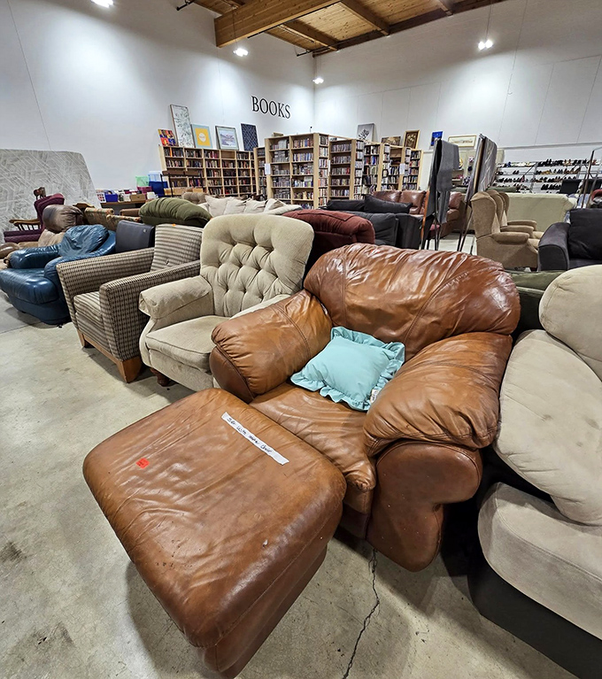 The sofa section resembles a living room petting zoo&mdash;leather, fabric, and patterns competing for the chance to cradle your next Netflix marathon.