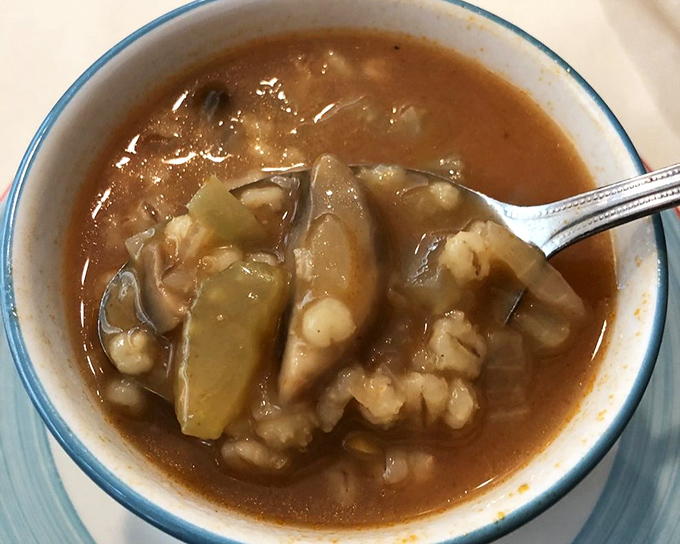 A soup that whispers "homemade" with every spoonful&mdash;vegetables and barley swimming in broth that clearly simmered all day.