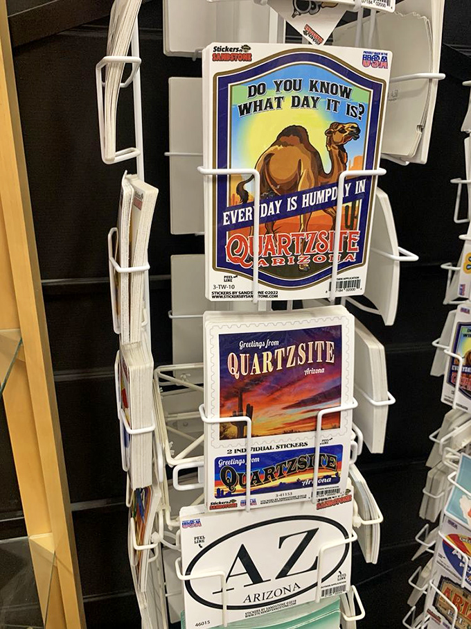 "Every day is hump day in Quartzsite"&mdash;desert humor immortalized in sticker form, perfect for RV bumpers and travel journals.