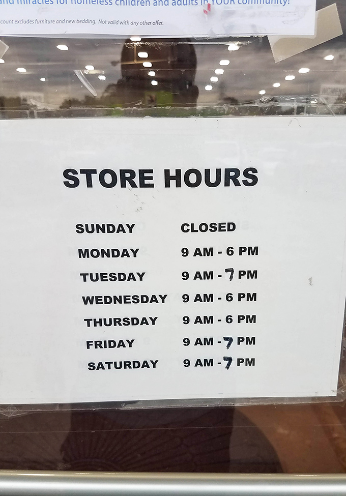 The store hours sign&mdash;memorize it like your favorite recipe to ensure you never miss prime thrifting opportunities.