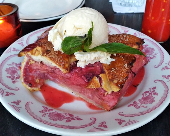 A slice of strawberry rhubarb pie that balances sweet and tart like a culinary tightrope walker, crowned with ice cream melting into warm fruit below.