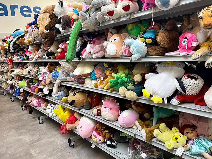 Stuffed animal paradise or adorable plush army? This shelf of cuddly creatures is ready to comfort a new generation of kids.