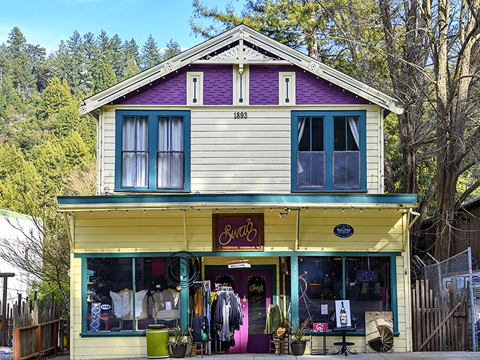 Swag's purple and yellow Victorian facade pops against the forest backdrop like a fashionable rebel who refused to wear earth tones.