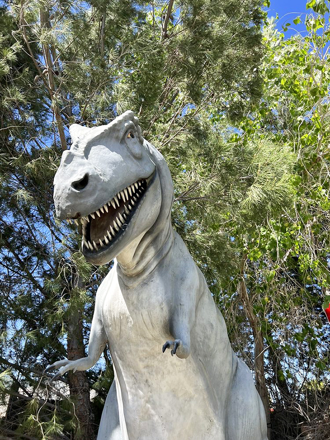 This T-Rex's toothy grin seems to say, "I'm ready for my selfie now," as it towers majestically among the desert pines.
