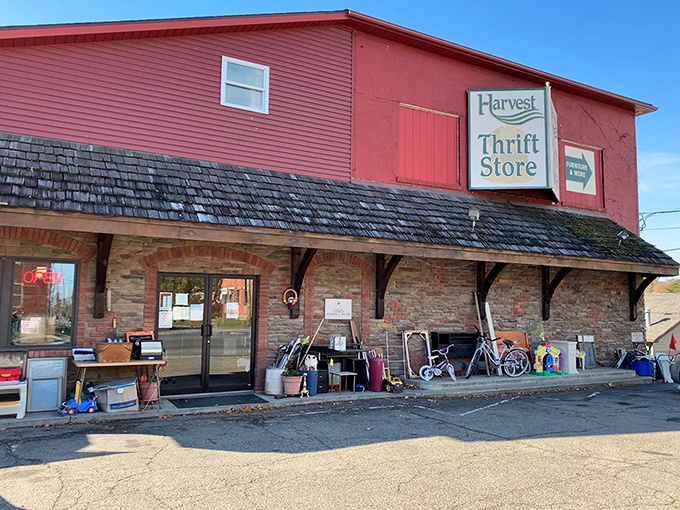 The Harvest Thrift Store's rustic exterior promises treasures within. Where bargain hunters and history buffs converge in a dance as old as commerce itself. 