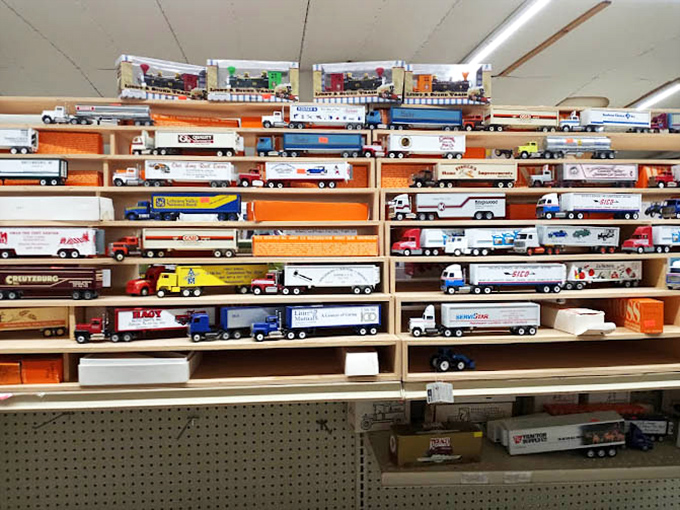 Miniature truck collections line the shelves like a highway of childhood memories and adult obsessions.