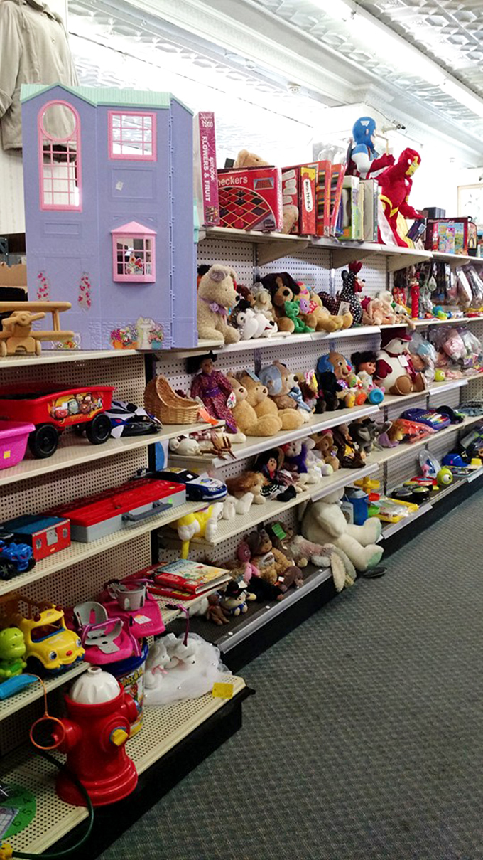 The toy section sparkles with childhood magic, where stuffed animals await new bedtime story companions.
