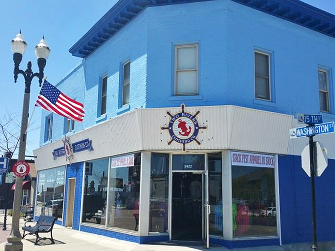 This bright blue corner building houses the Two Rivers Clothing Company, adding a splash of maritime color to downtown's shopping district.