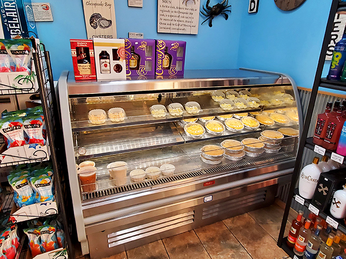 A tempting display case showcasing homemade treats that'll make you forget you came just for crabs.