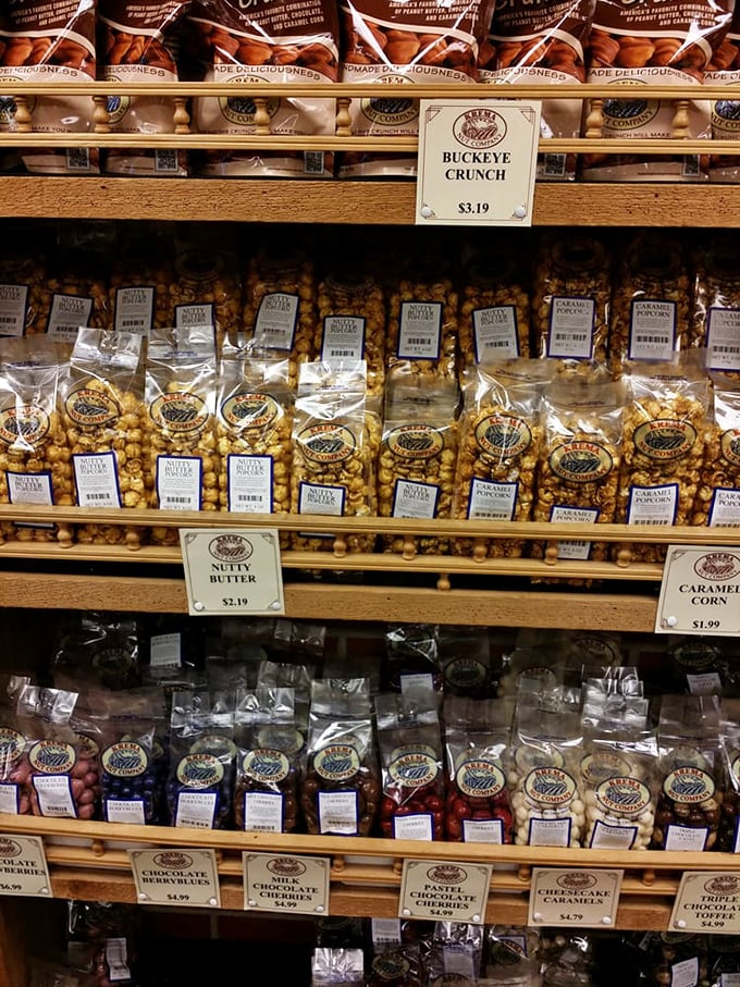 Shelves stocked with nutty temptations that make willpower crumble. The Buckeye Crunch alone is worth the drive from Cincinnati.