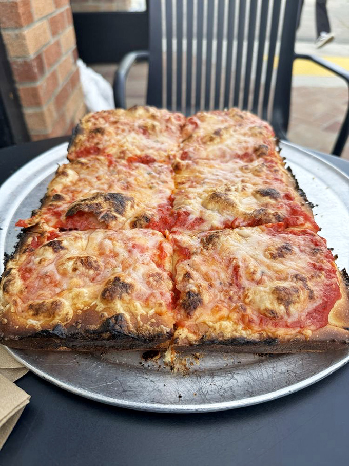 The cheese bubbles have browned into a topography of flavor. Six perfect squares waiting to challenge everything you thought you knew about pizza.