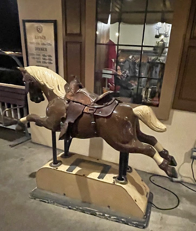 The vintage coin-operated horse&mdash;because every great meal should start with a little whimsy. Saddle up before you settle in. 